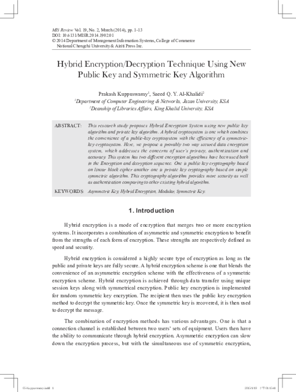 (PDF) Hybrid encryption/decryption technique using new public key and symmetric key algorithm