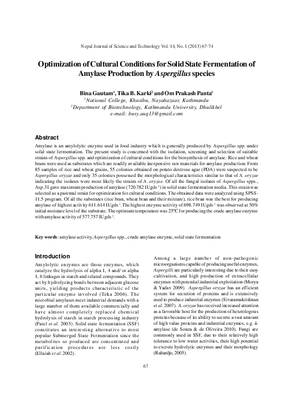 (PDF) Optimization of Cultural Conditions for Solid State Fermentation of Amylase Production by ...