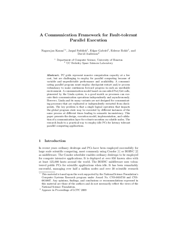 Pdf A Communication Framework For Fault Tolerant Parallel Execution