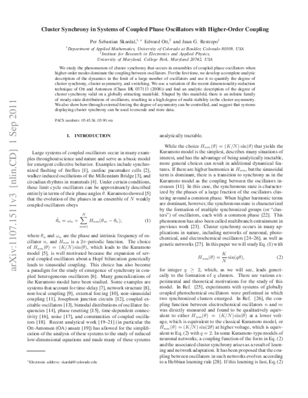 Pdf Cluster Synchrony In Systems Of Coupled Phase Oscillators With Higher Order Coupling