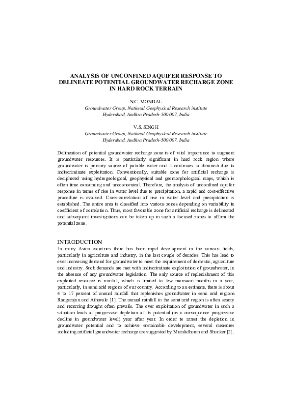 (PDF) Analysis of Unconfined Aquifer Response to Delineate Potential Groundwater Recharge Zone ...