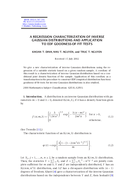 Pdf A Regression Characterization Of Inverse Gaussian Distributions