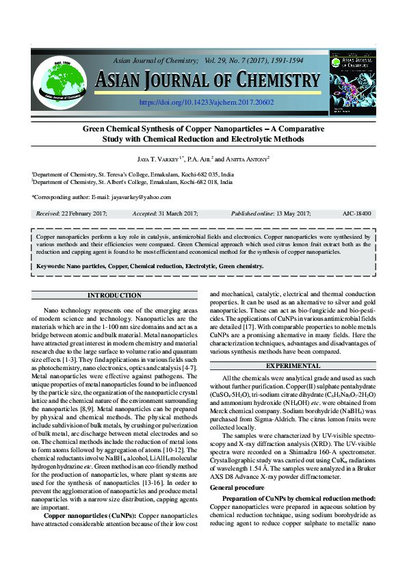 (PDF) Green Chemical Synthesis of Copper Nanoparticles − A Comparative ... (PDF) Green Chemical Synthesis of Copper Nanoparticles − A Comparative ...
