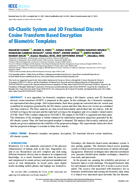 Pdf 6d Chaotic System And 2d Fractional Discrete Cosine Transform Based Encryption Of