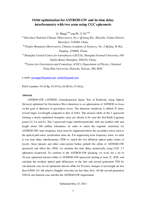 (PDF) Orbit optimization for ASTROD-GW and its time delay interferometry with two arms using CGC ...