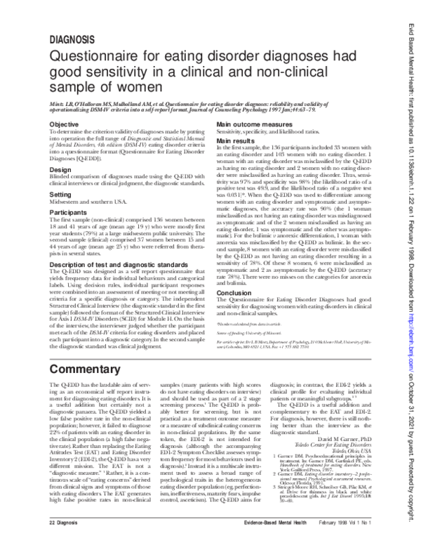 (PDF) Questionnaire for eating disorder diagnoses had good sensitivity ...