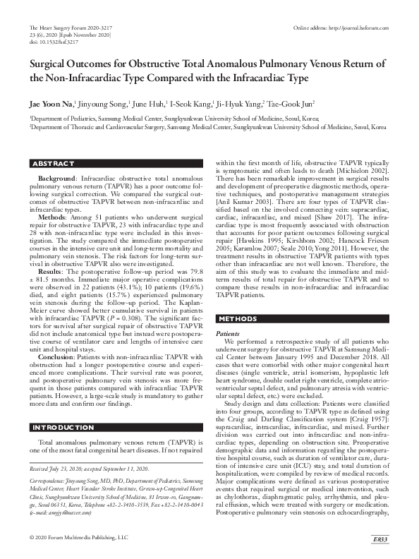 (PDF) Surgical Outcomes for Obstructive Total Anomalous Pulmonary ...