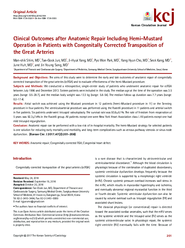 (PDF) Clinical Outcomes after Anatomic Repair Including Hemi-Mustard ...