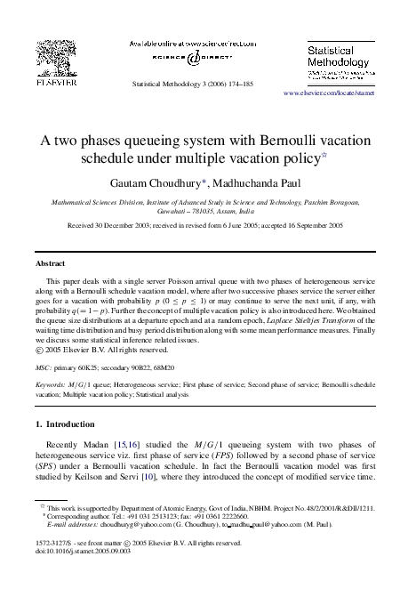 (PDF) A two phases queueing system with Bernoulli vacation schedule under multiple vacation policy