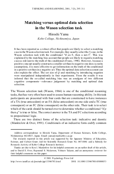 Pdf Matching Versus Optimal Data Selection In The Wason Selection Task