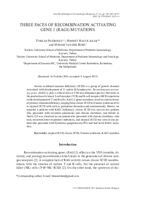 (PDF) Three faces of recombination activating gene 1 (RAG1) mutations