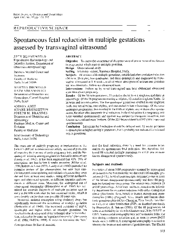 (PDF) Spontaneous fetal reduction in multiple gestations assessed by transvaginal ultrasound