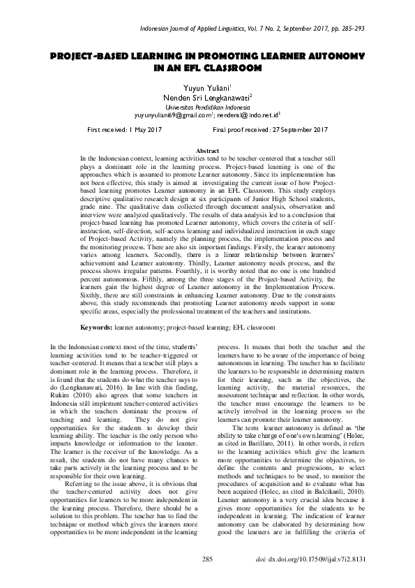 (PDF) Project-Based Learning in Promoting Learner Autonomy in an Efl ...