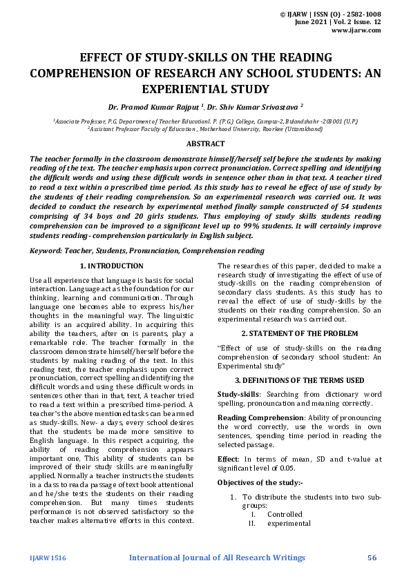 (PDF) EFFECT OF STUDY-SKILLS ON THE READING COMPREHENSION OF RESEARCH ...