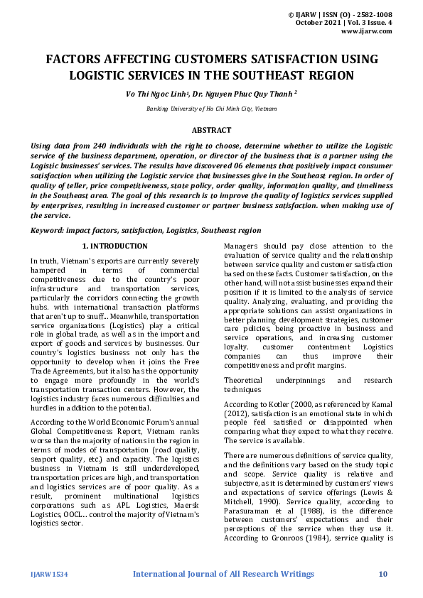 Pdf Factors Affecting Customers Satisfaction Using Logistic Services