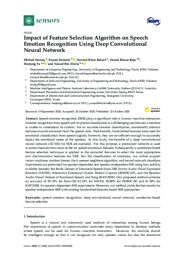 Pdf Impact Of Feature Selection Algorithm On Speech Emotion Recognition Using Deep