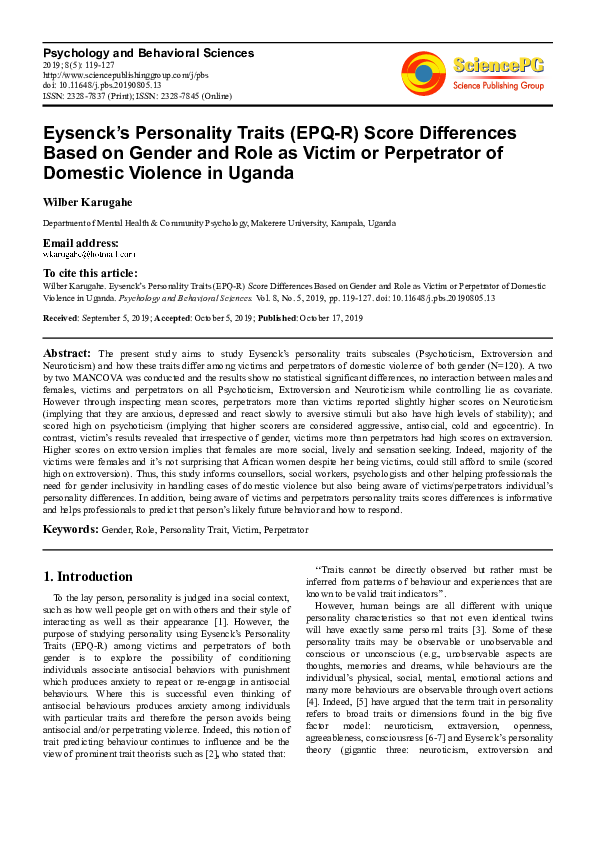 (PDF) Eysenck’s Personality Traits (EPQ-R) Score Differences Based on ...