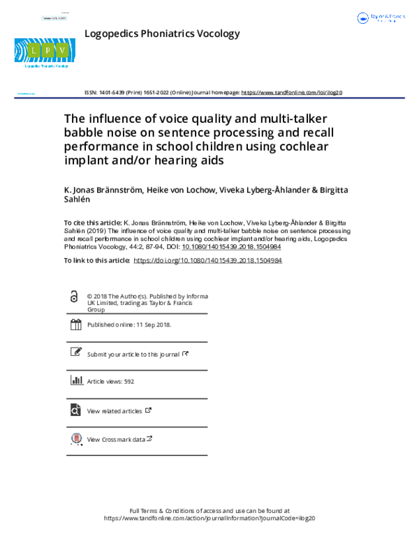 (PDF) The influence of voice quality and multi-talker babble noise on sentence processing and ...