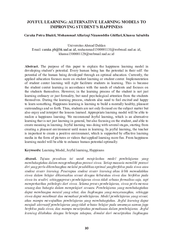 (PDF) Joyful Learning: Alternative Learning Models to Improving Student ...