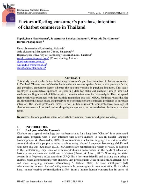 (PDF) Factors affecting consumer’s purchase intention of chatbot commerce in Thailand