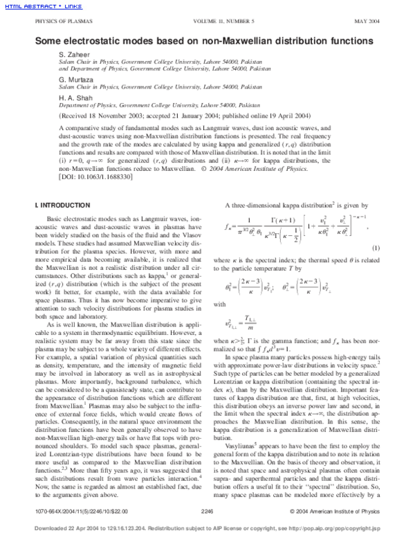 (PDF) Some electrostatic modes based on non-Maxwellian distribution ...