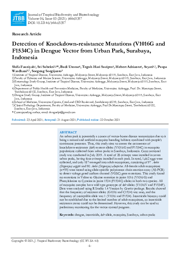 (PDF) Detection of Knockdown-Resistance Mutations (V1016G and F1534C) in Dengue Vector from ...