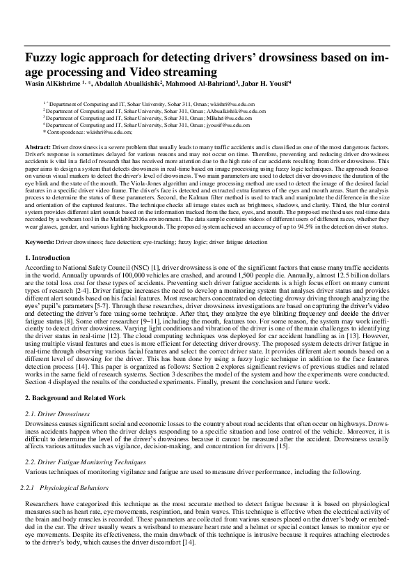 (PDF) Fuzzy logic approach for detecting drivers’ drowsiness based on image processing and Video ...