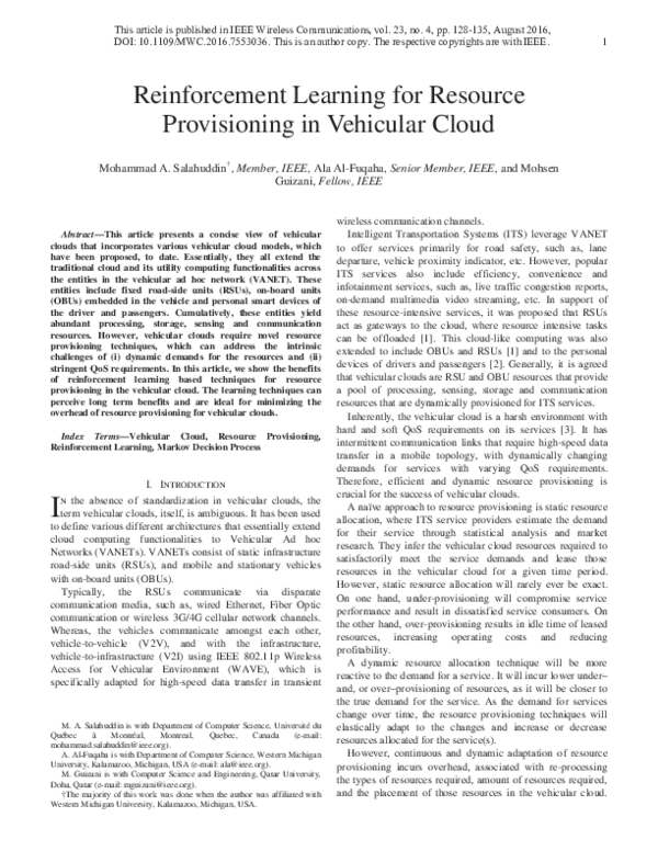(PDF) Reinforcement learning for resource provisioning in the vehicular cloud
