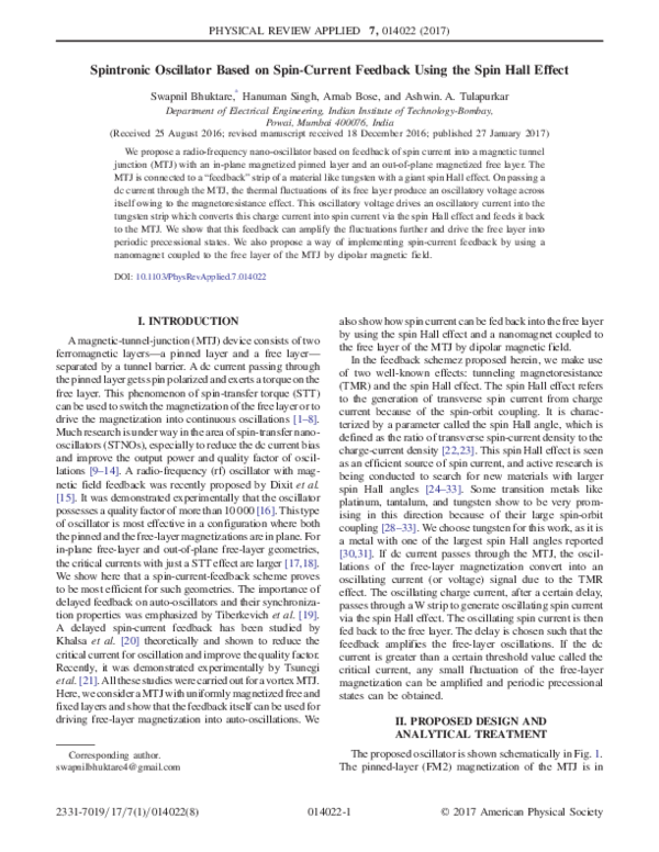 (PDF) Spintronic Oscillator Based on Spin-Current Feedback Using the Spin Hall Effect