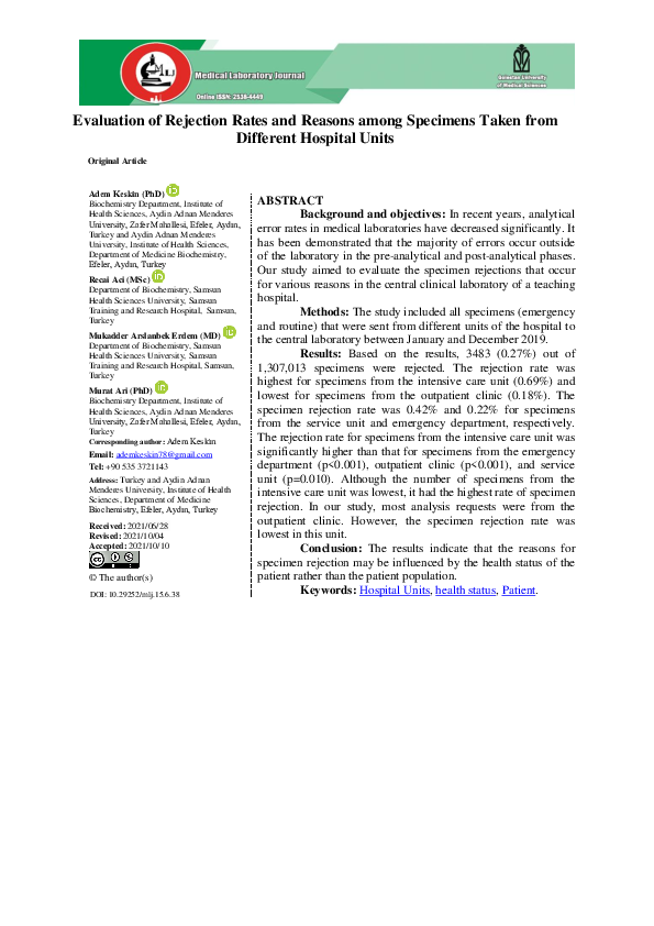 (PDF) Evaluation of Rejection Rates and Reasons among Specimens Taken ...