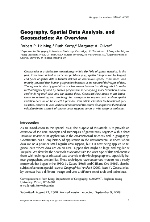 (PDF) Geography, Spatial Data Analysis, and Geostatistics: An Overview