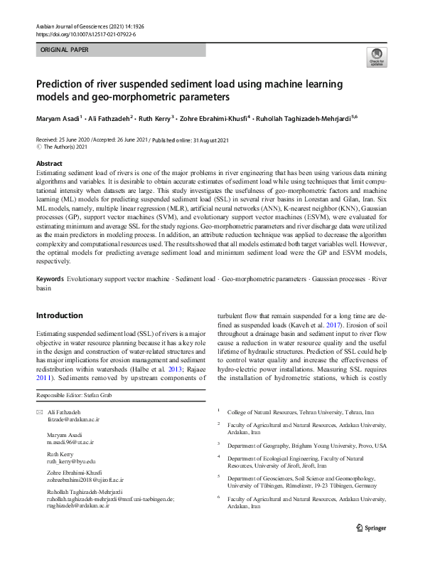 Pdf Prediction Of River Suspended Sediment Load Using Machine Learning Models And Geo