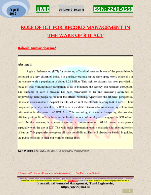 (PDF) Role of ICT for Record Management in the Wake of RTI Act