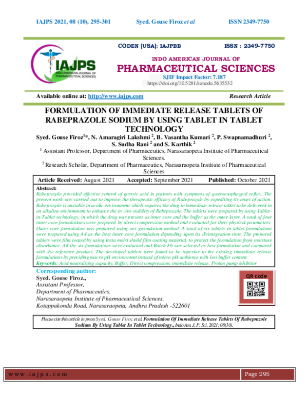 (PDF) FORMULATION OF IMMEDIATE RELEASE TABLETS OF RABEPRAZOLE SODIUM BY ...