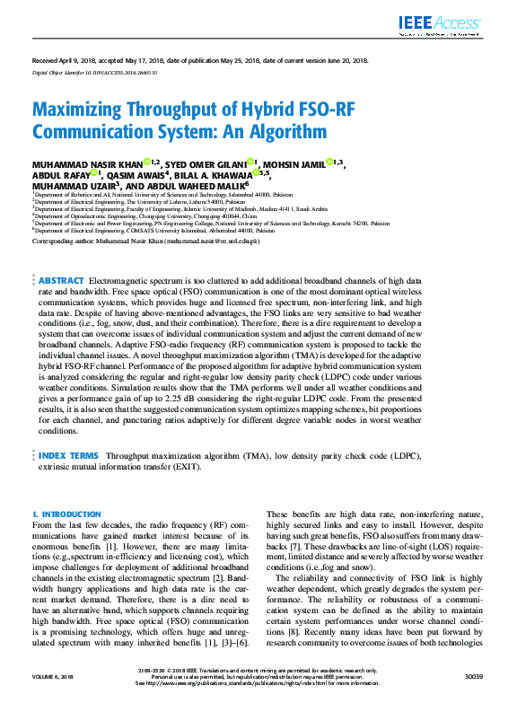 Pdf Maximizing Throughput Of Hybrid Fso Rf Communication System An Algorithm