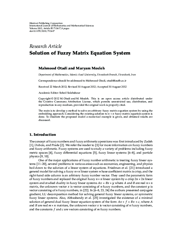 Pdf Solution Of Fuzzy Matrix Equation System Maryam Mosleh