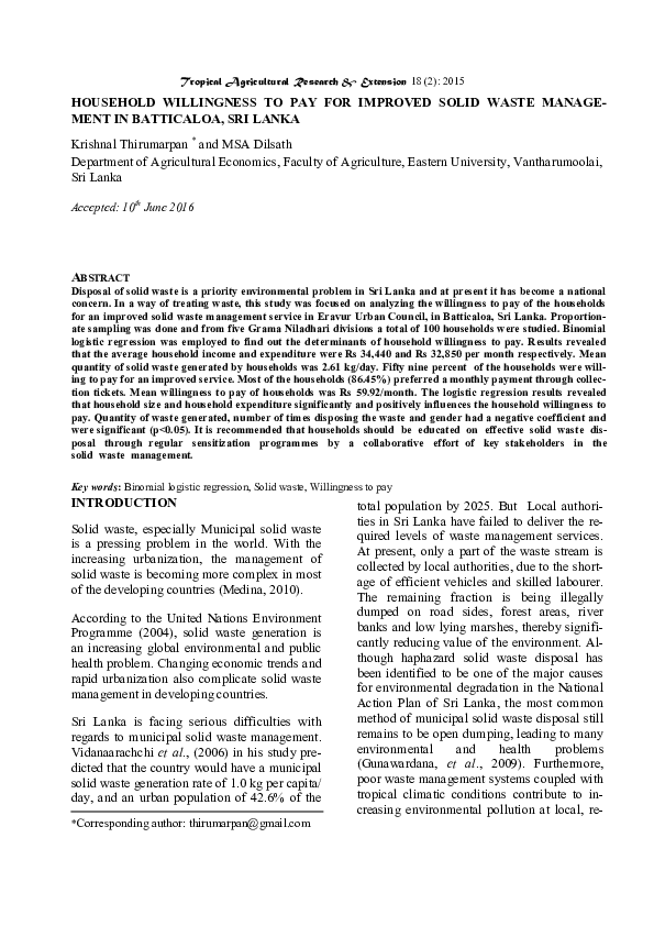 (PDF) Household willingness to pay for improved solid waste management in Batticaloa, Sri Lanka