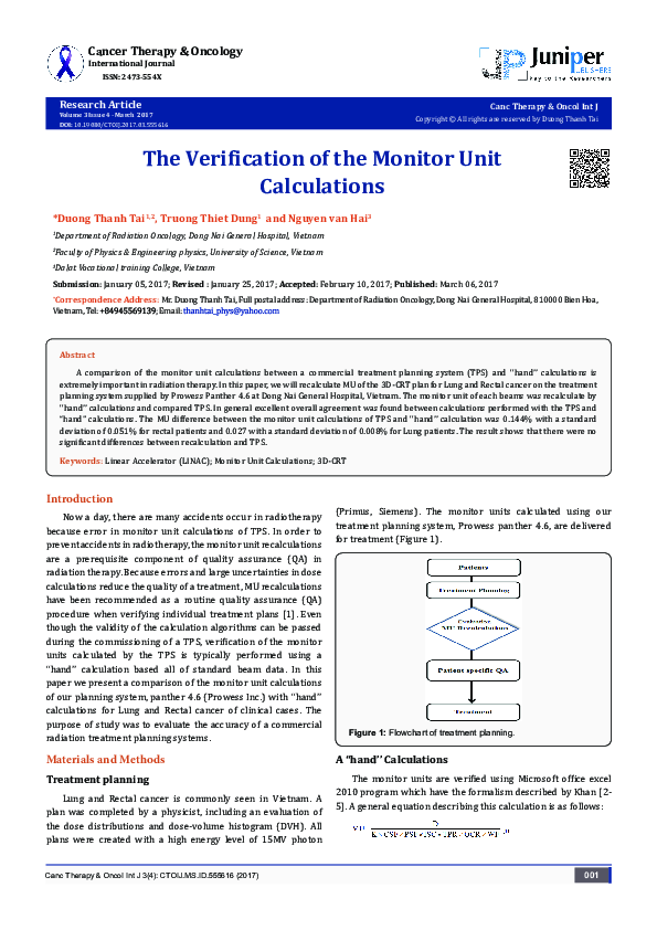 (PDF) The Verification of the Monitor Unit Calculations