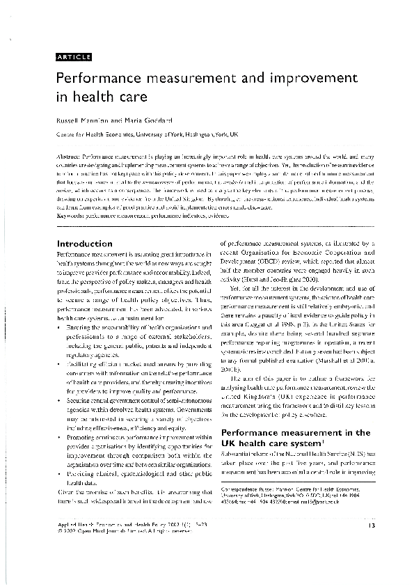 (PDF) Performance measurement and improvement in health care