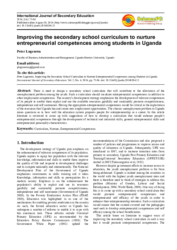 (PDF) Enhancing Uganda's Curriculum for Entrepreneurship