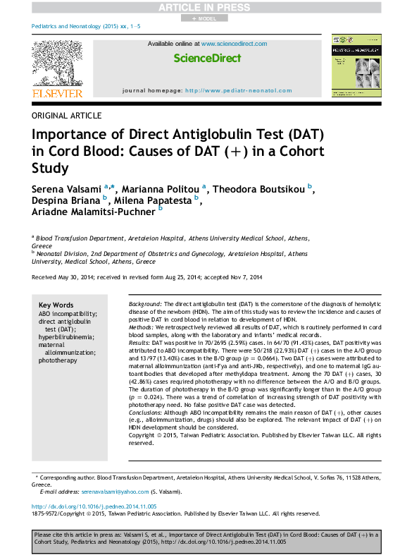 (PDF) Importance of Direct Antiglobulin Test (DAT) in Cord Blood ...