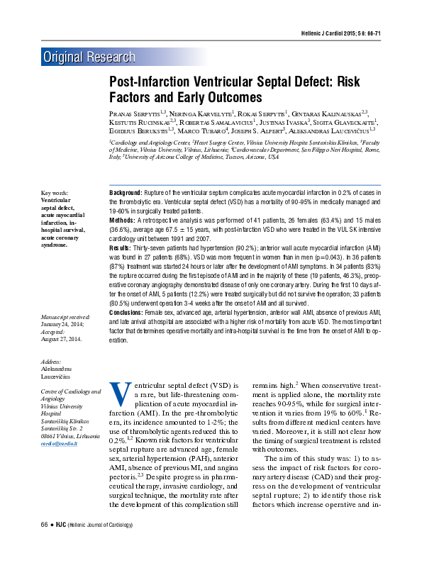 (PDF) Post-infarction ventricular septal defect: risk factors and early ...