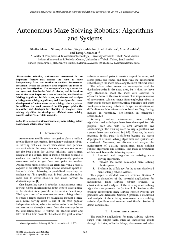 Pdf Autonomous Maze Solving Robotics Algorithms And Systems