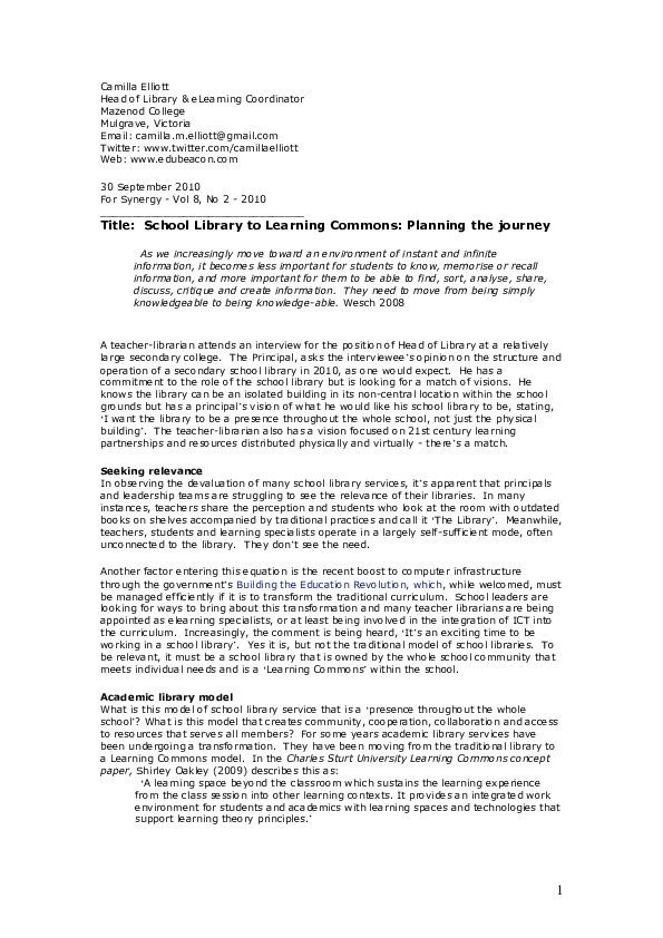 (PDF) School Library to Learning Commons: Planning the journey