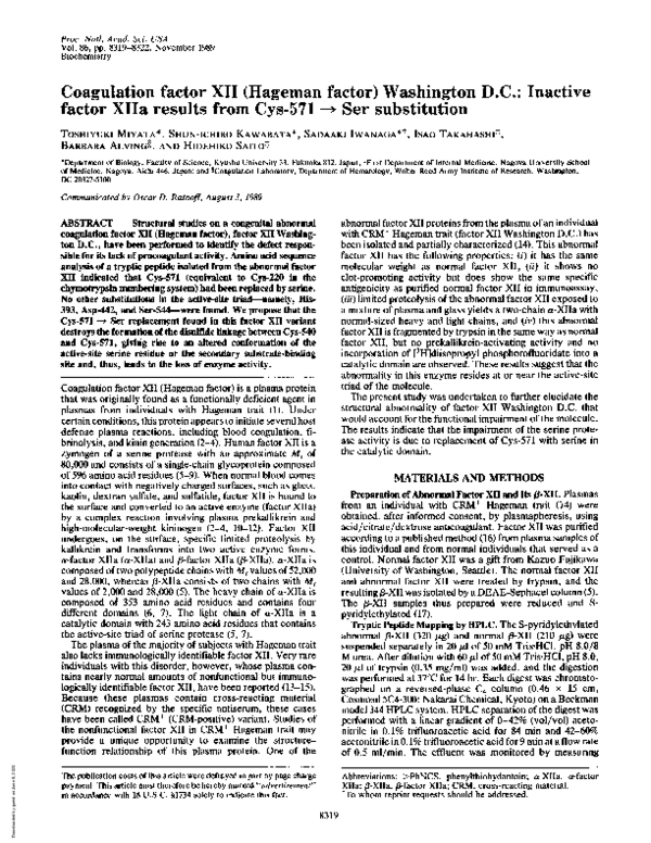 (PDF) Coagulation factor XII (Hageman factor) Washington D.C.: inactive ...
