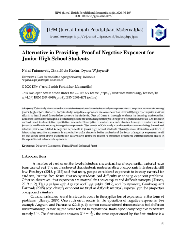 (PDF) Alternative in Providing Proof of Negative Exponent for Junior ...