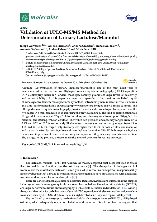 (PDF) Validation of UPLC-MS/MS Method for Determination of Urinary Lactulose/Mannitol