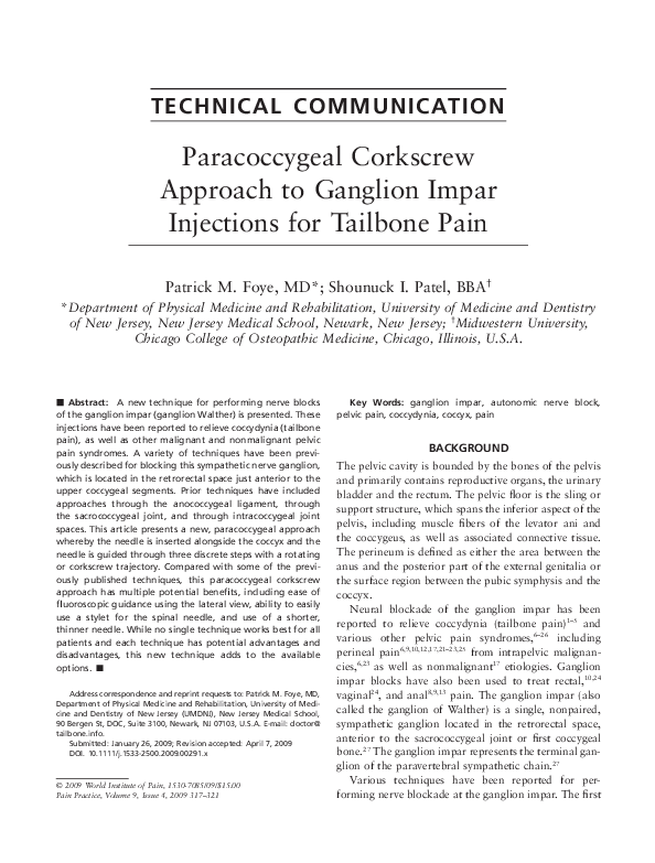 (PDF) Paracoccygeal corkscrew approach to ganglion impar injections for ...