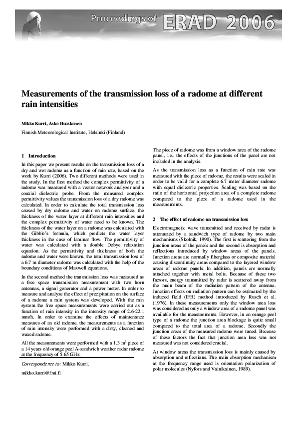 (PDF) Measurements of the Transmission Loss of a Radome at Different ...