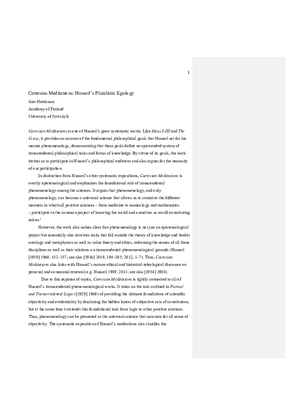 (PDF) Cartesian Meditations: Husserl's pluralistic egology